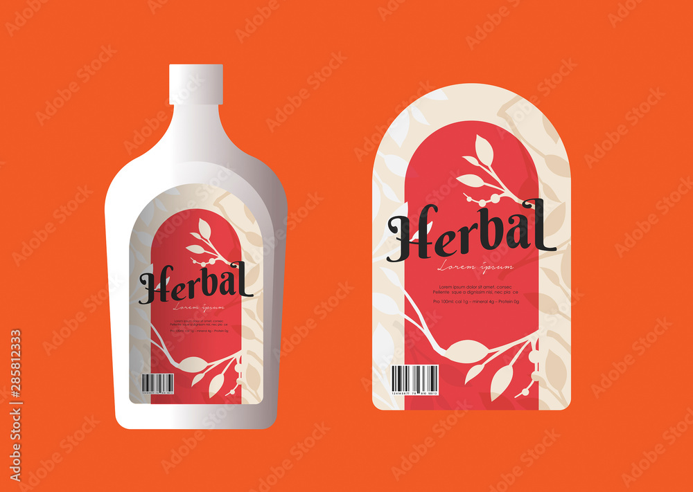 Herbal packaging label layout design and 3d bottle vector mockup set ...