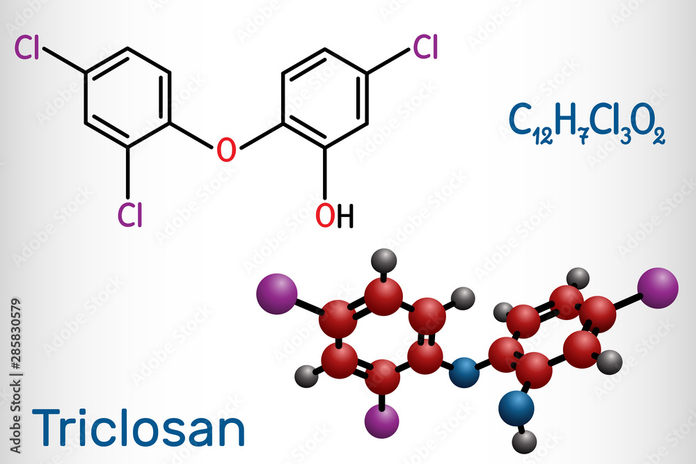 Triclosan molecule. It is a polychloro phenoxy phenol with ...