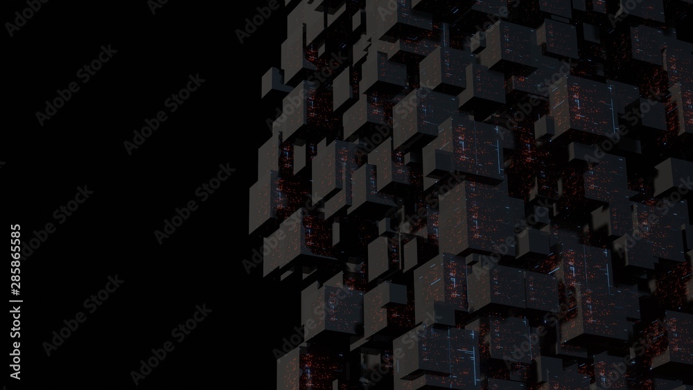 3D Rendering of abstract array of dark cubic cubes, glossy glass ...