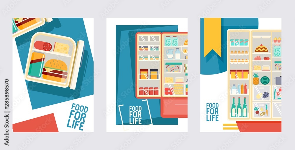 Vetor Refrigerator full of products set of cards, posters vector ...