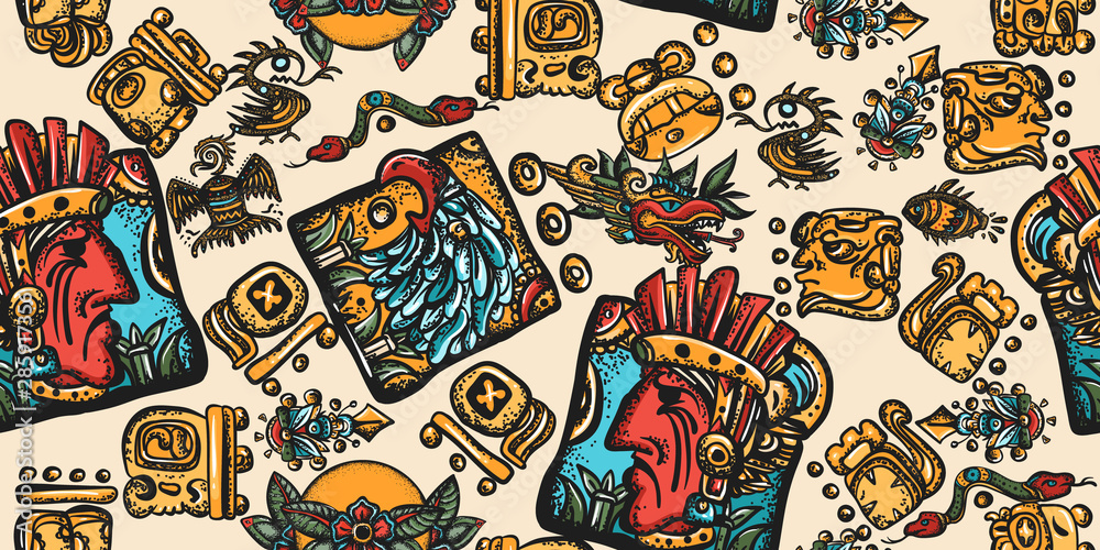 Mayan alphabet seamless pattern. Ancient mexican mesoamerican glyphs ...