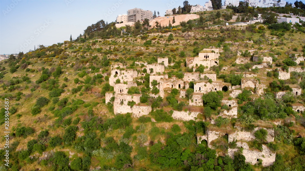 Flying over abandoned Palestinian Lifta Village Aerial view of Lifta ...