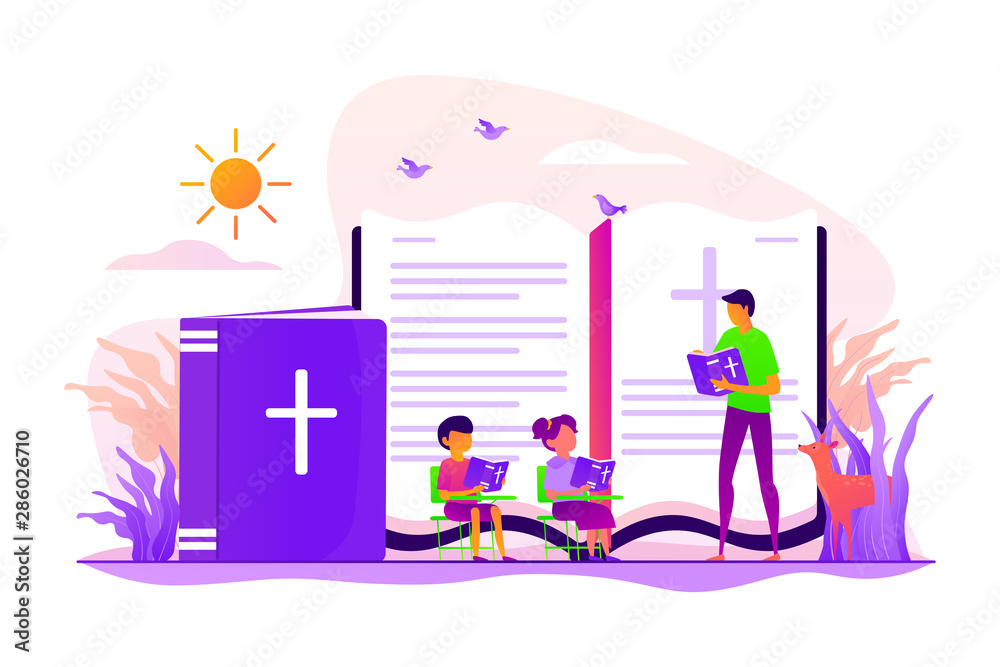 Children studying christianity. Teacher and kids in christian camp ...