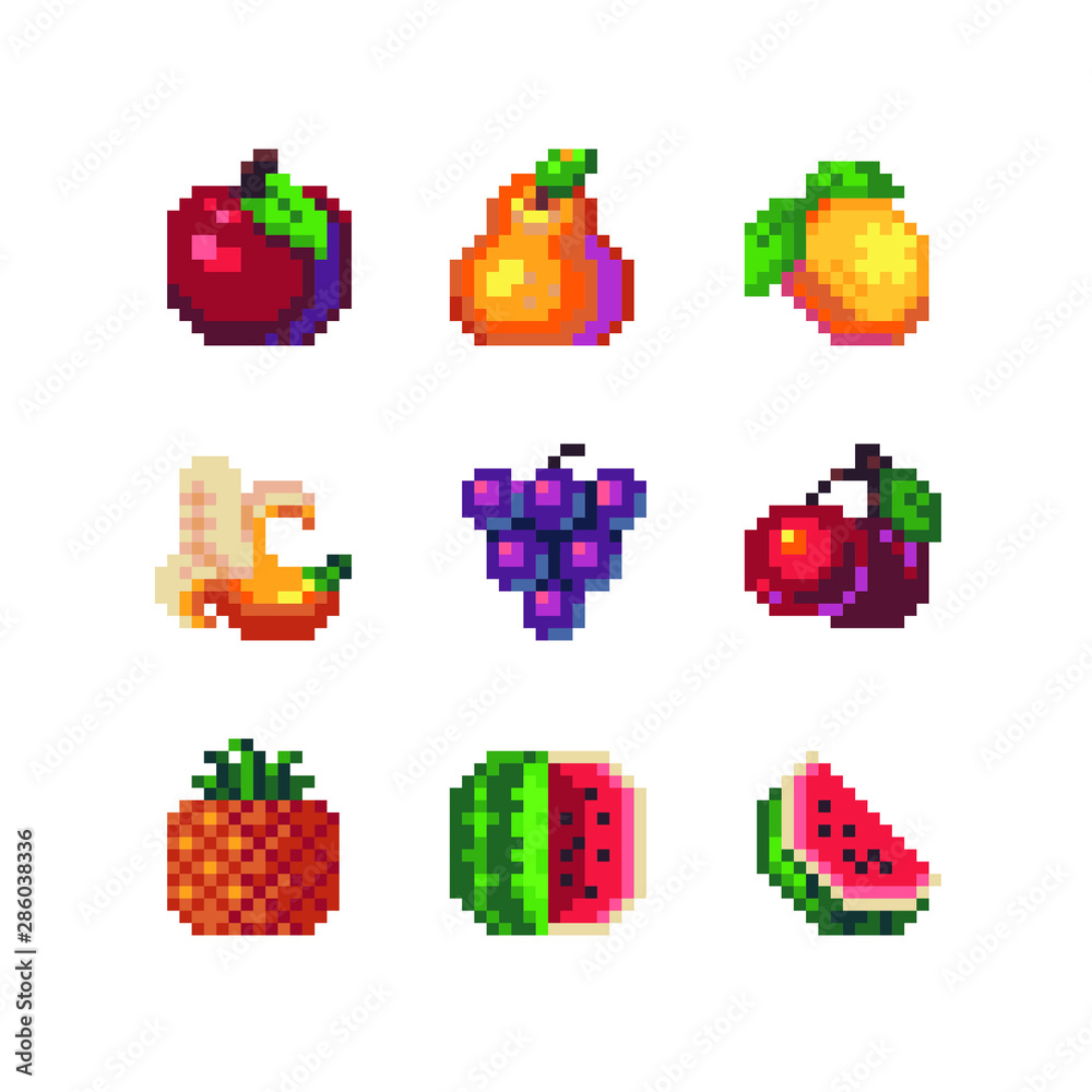 Fruits pixel art icons set, watermelon, banana, pineapple, fruit, pear ...