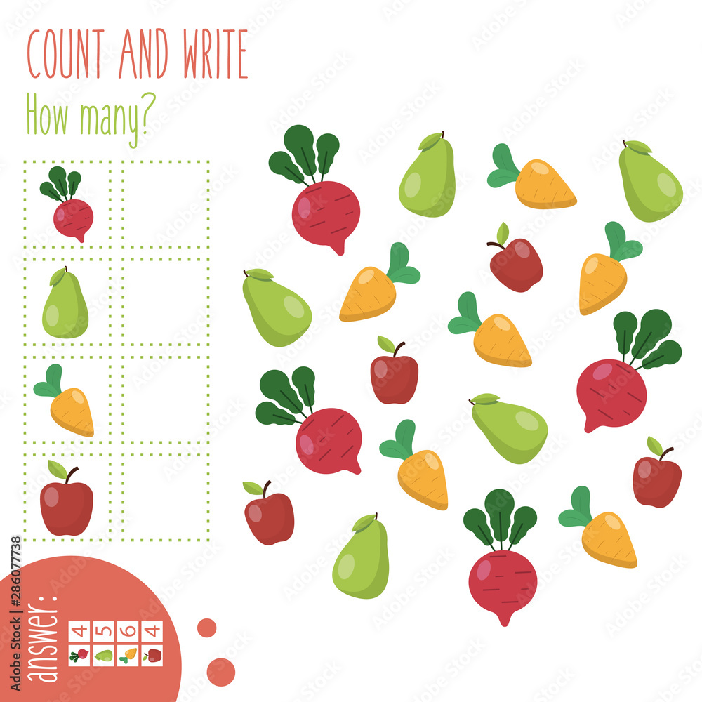 Count and write. How many? Easy worksheet with fruits and veggies for ...