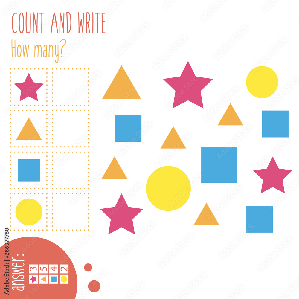 Count and write. How many? Easy worksheet with shapes for preschoolers ...