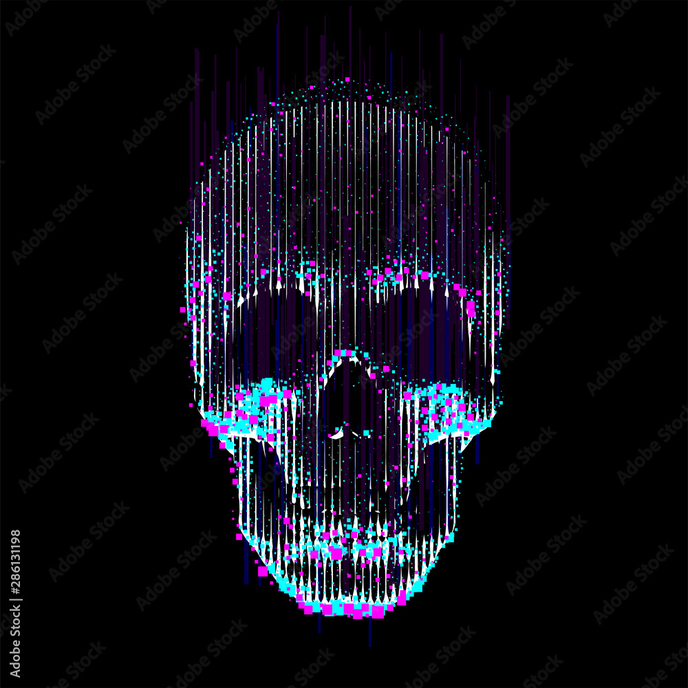 Vector glitch line- art skull Human skull front view, enlightened from ...