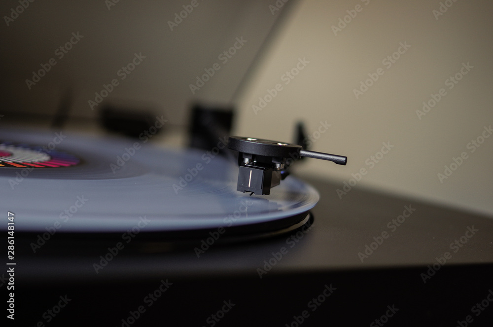 Transparent clear white vinyl record disc spinning and modern round ...