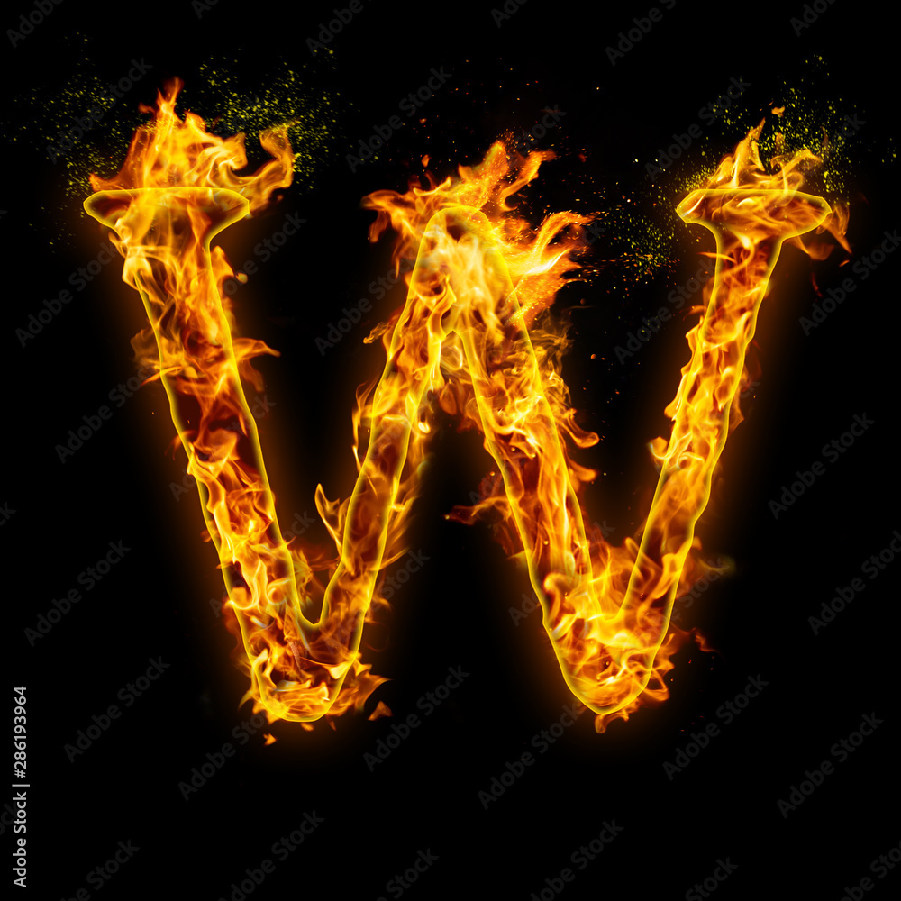 Letter W. Fire flames on black isolated background, realistick fire ...