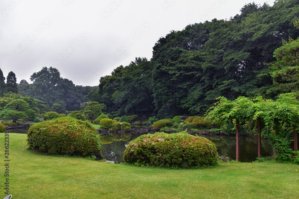 Traditional Japanese gardens in public parks in Tokyo, Japan. Views of ...