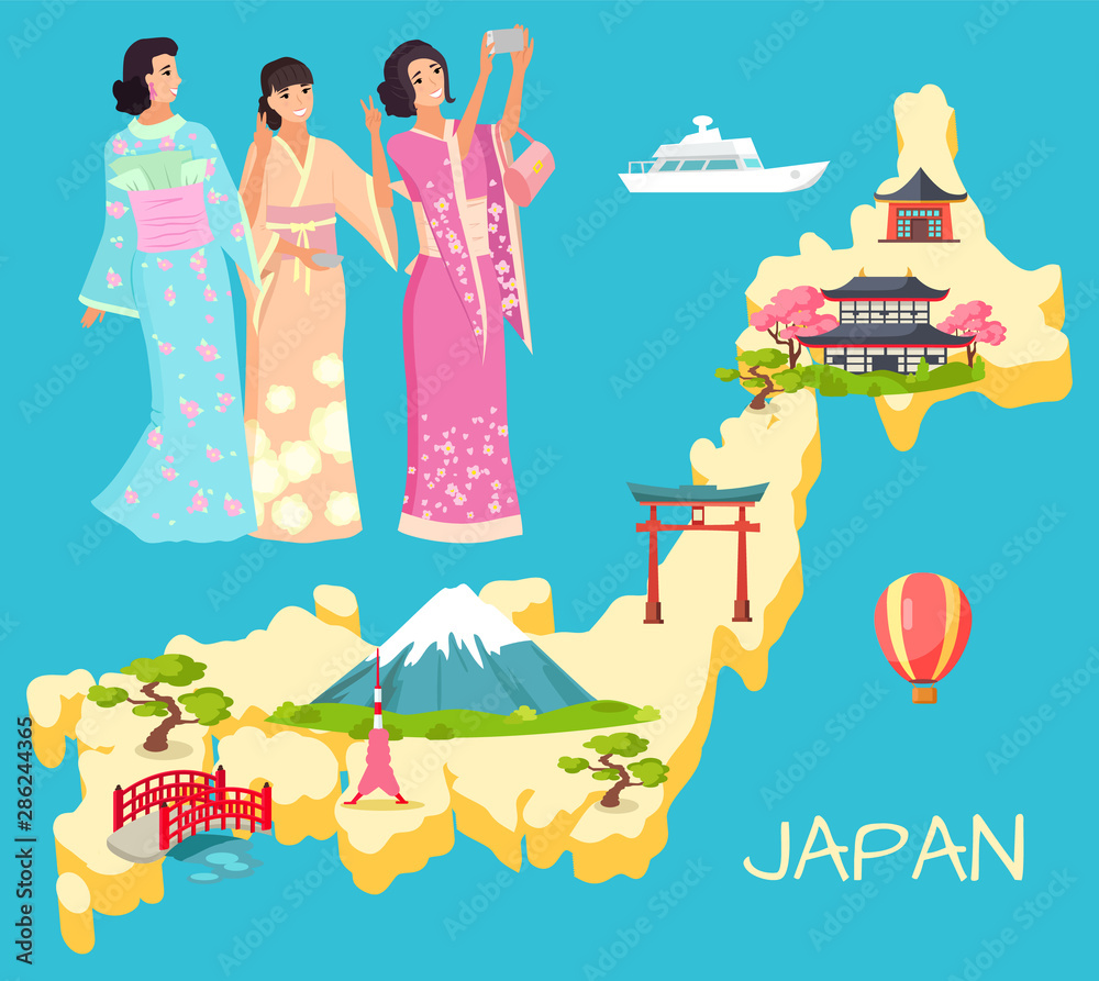 Japan map with landmark, mountain and sakura, Torii and Kyoto. Smiling ...