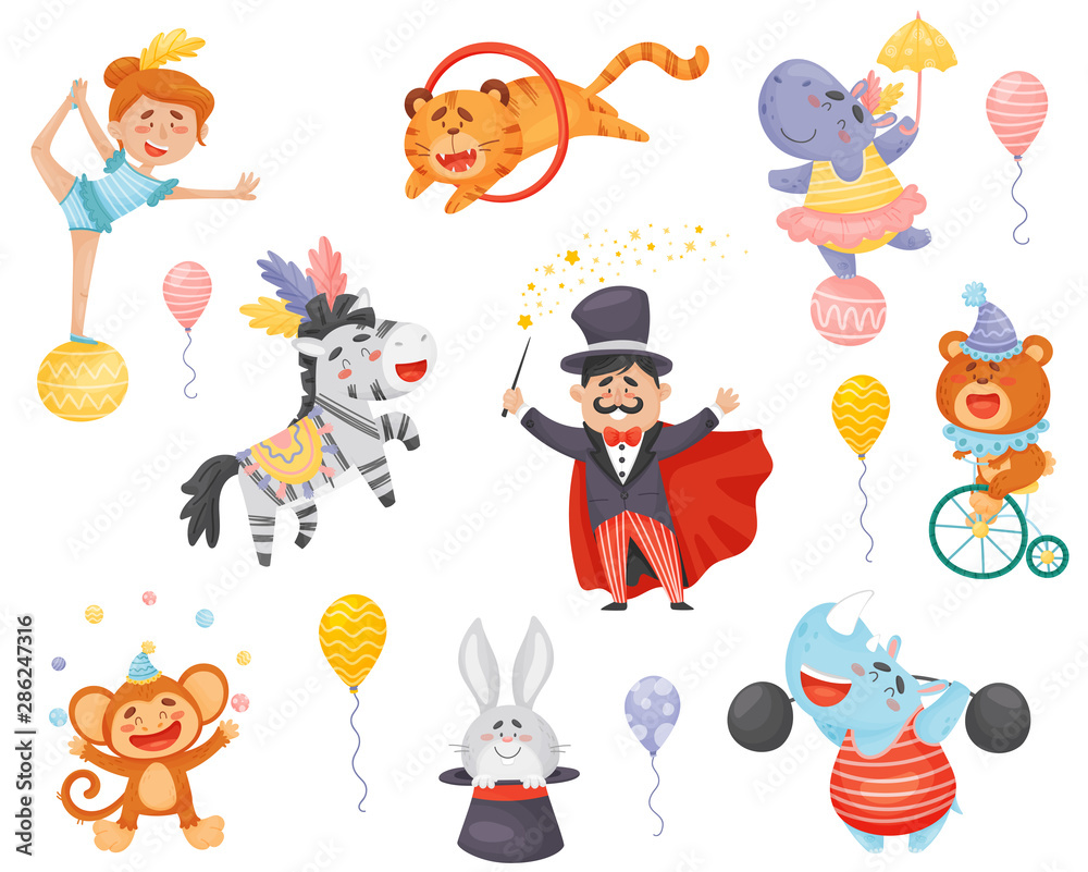 Set of cartoon performing circus performers. Vector illustration on a ...