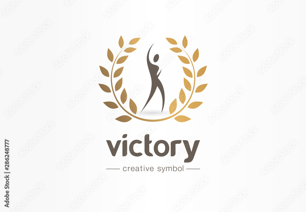 Victory, happy man and gold laurel wreath creative symbol concept ...