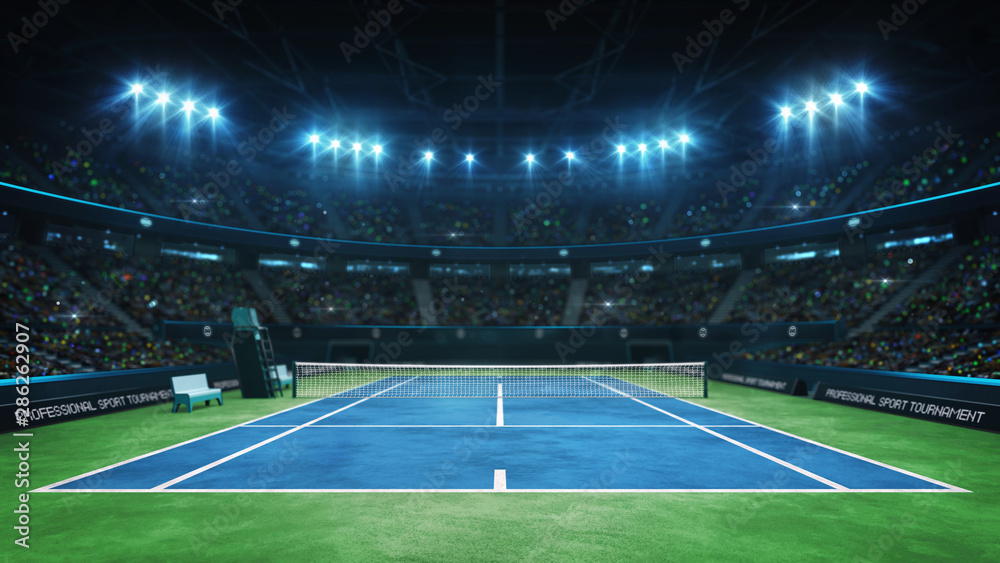 Blue tennis court and illuminated indoor arena with fans, upper front ...