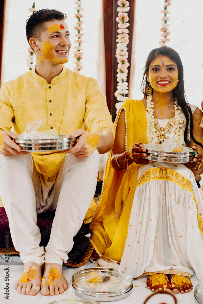 Happy Indian newlyweds at the wedding ceremony Stock Photo | Adobe Stock