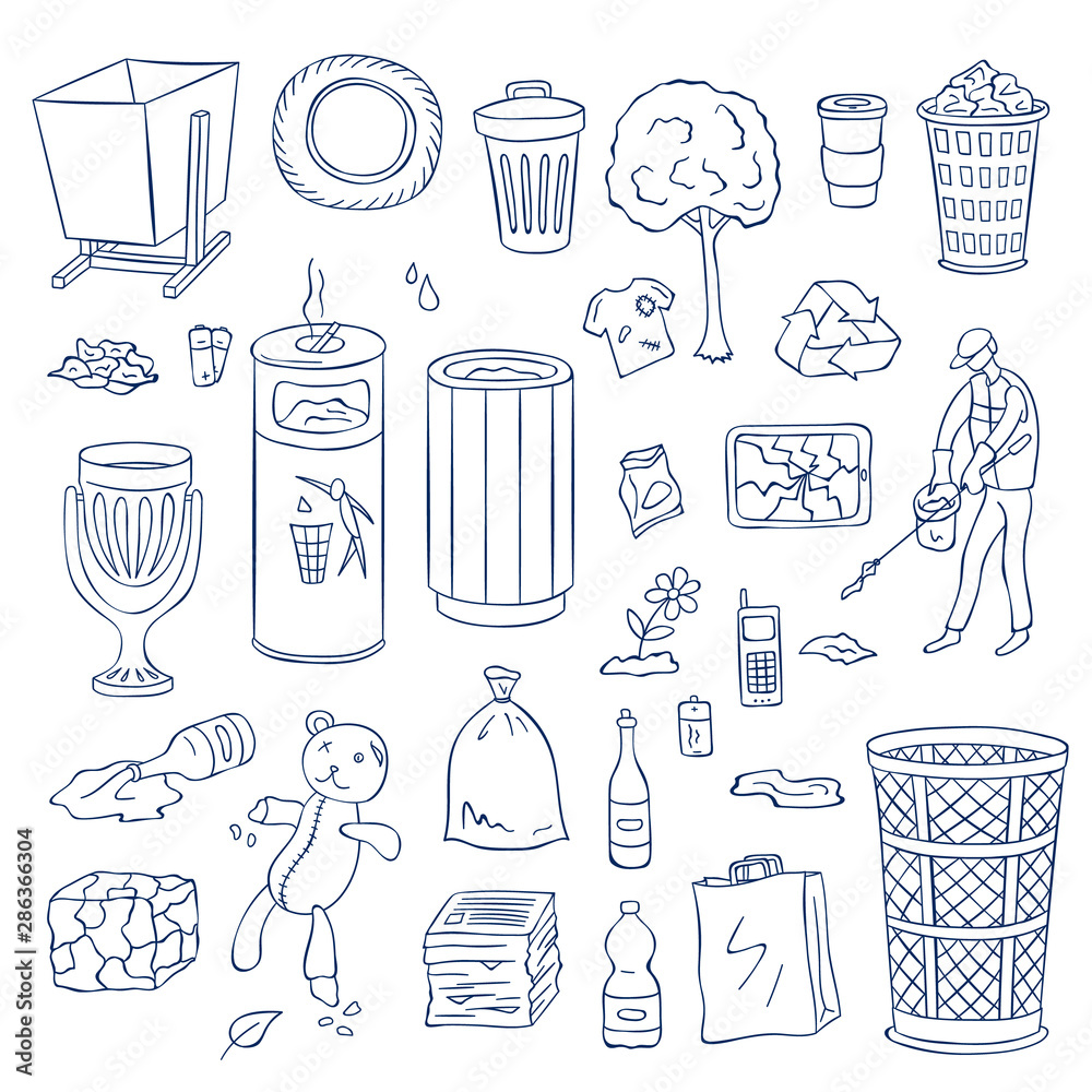 Vector garbage hand drawn doodle elements set. Waste recycling objects ...