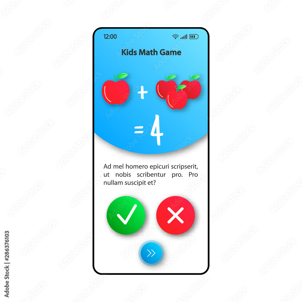 Kids maths smartphone interface vector template. Mobile app page white ...