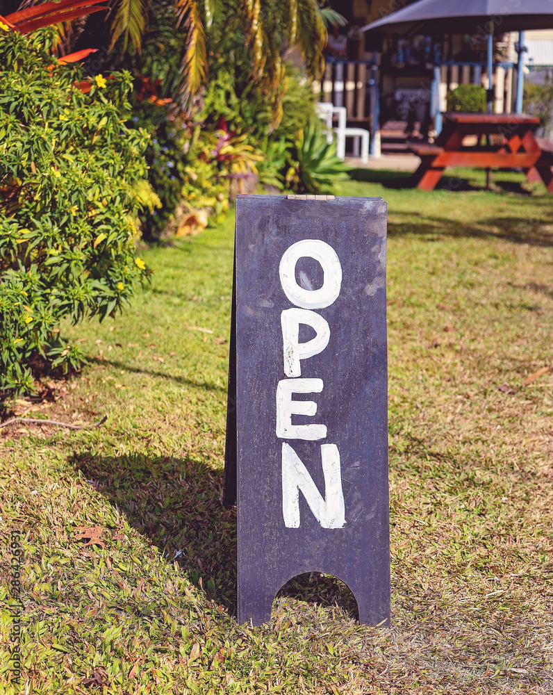 Open Blackboard Sign In Country Cafe Garden Stock Photo | Adobe Stock