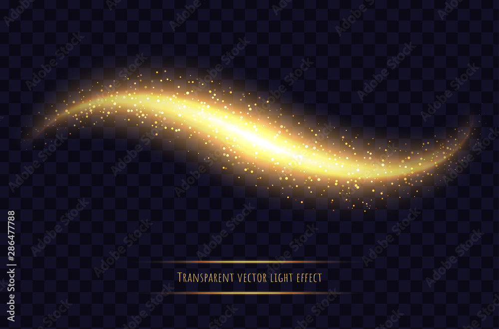 Glowing wave with sparkles, gold light effect isolated on transparent ...