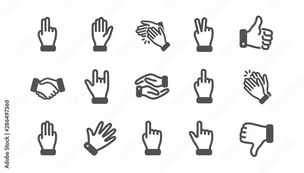 Hand gestures icons. Handshake, Clapping hands, Victory. Horns, Thumb ...