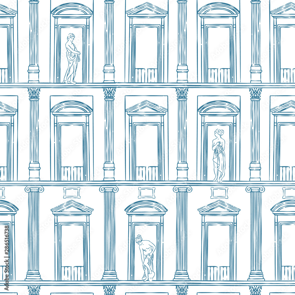 Vector seamless pattern of ancient facade with columns and statues ...