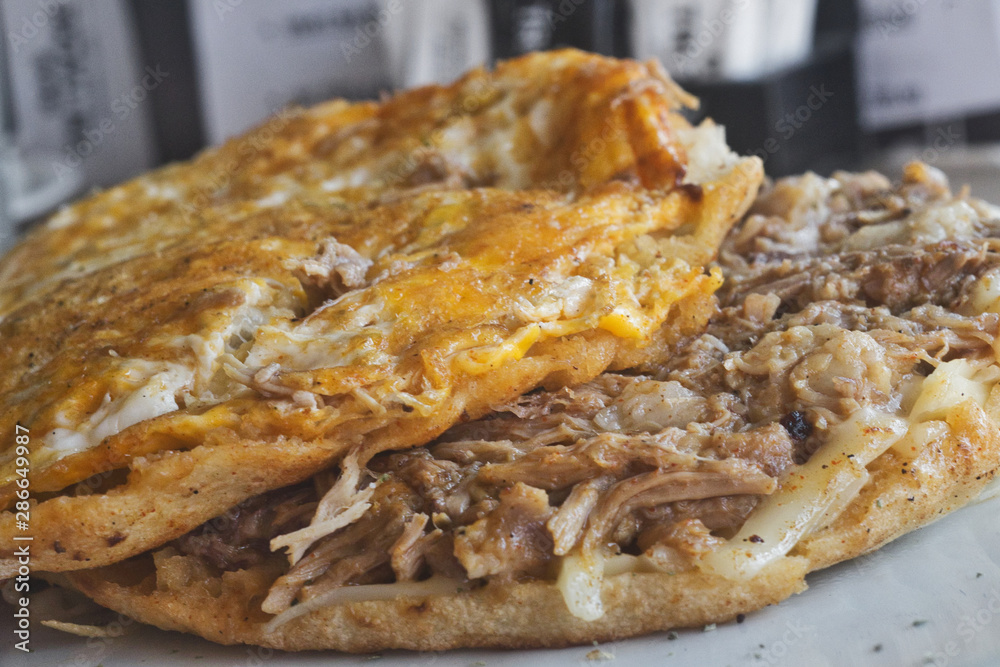 Traditional Serbian meat breakfast - fresh bun, lepinja, stuffed with ...