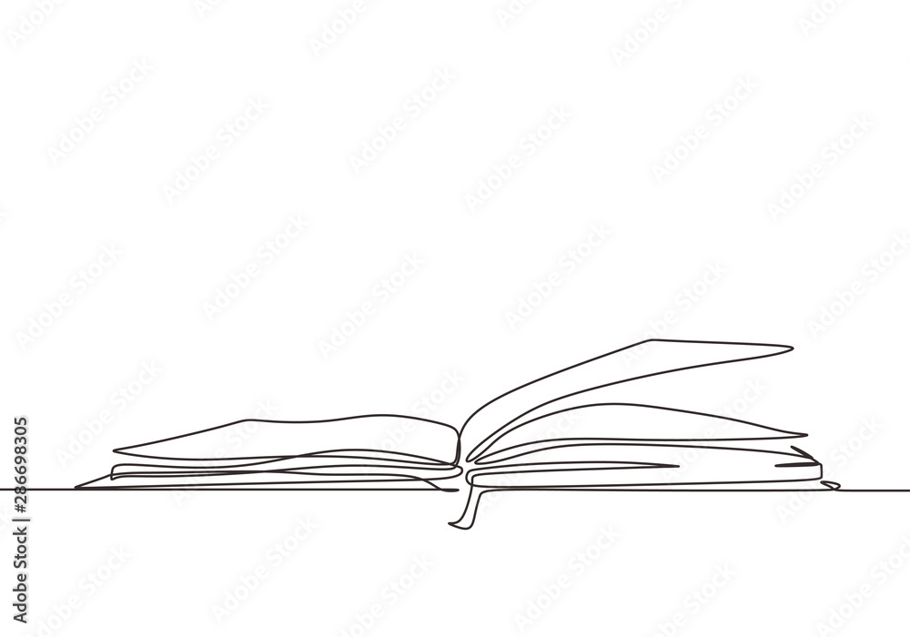 Continuous one line drawing open book with flying pages. Vector illustration education supplies ...