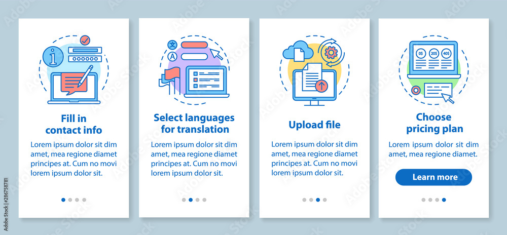 Translation service onboarding mobile app page screen with linear ...