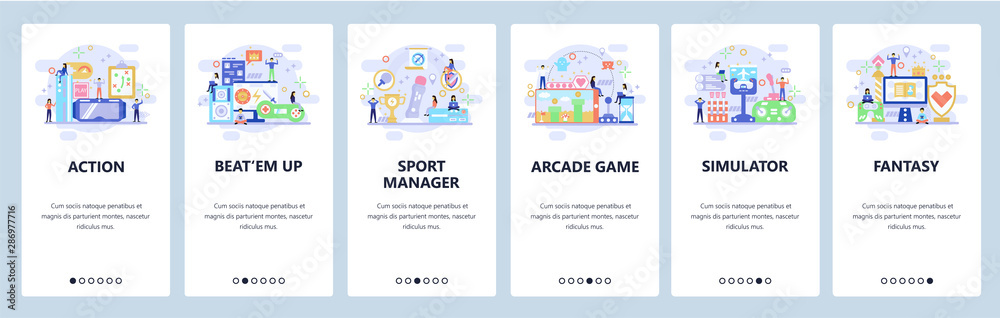 Mobile app onboarding screens. Game simulator, arcade, action, cyber ...
