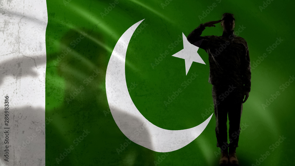 ภาพถ่าย Stock Pakistani soldier silhouette saluting against national ...