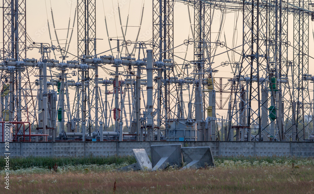 High Voltage sub station in extreme detail. Closeup on wiring and ...