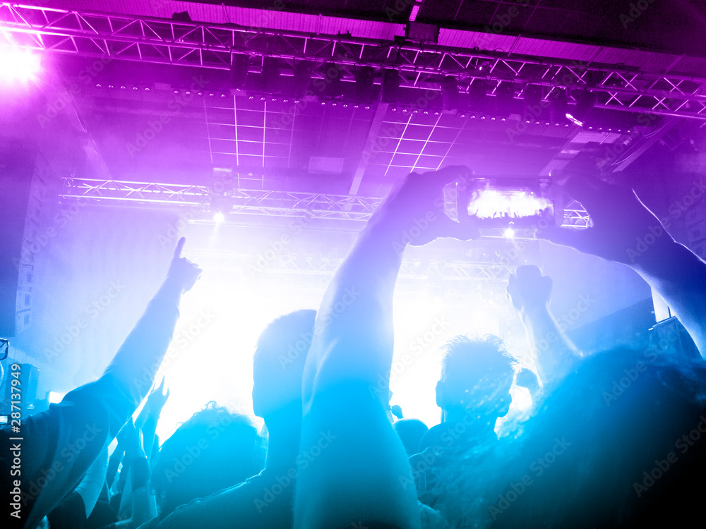 Shot taken inside a concert hall, people are visible in front of the ...