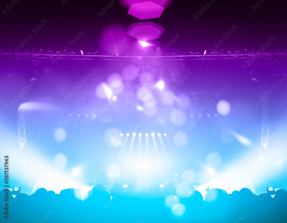 Shot taken inside a concert hall, people are visible in front of the ...