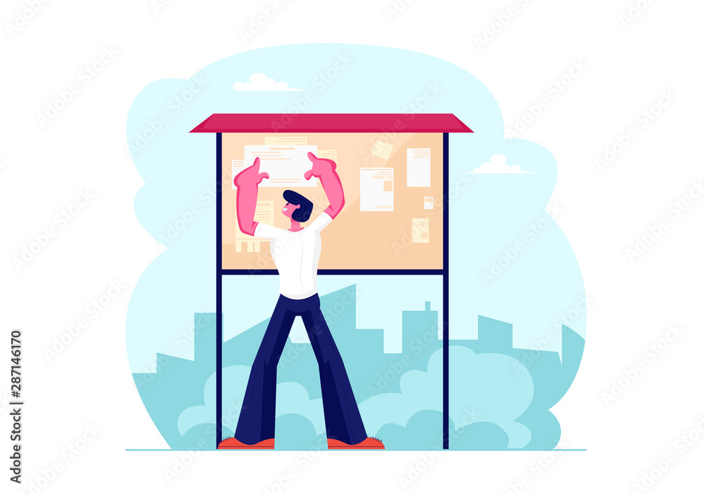 Young Man Billposter Sticking Paper Advertisement on Bulletin Board on ...