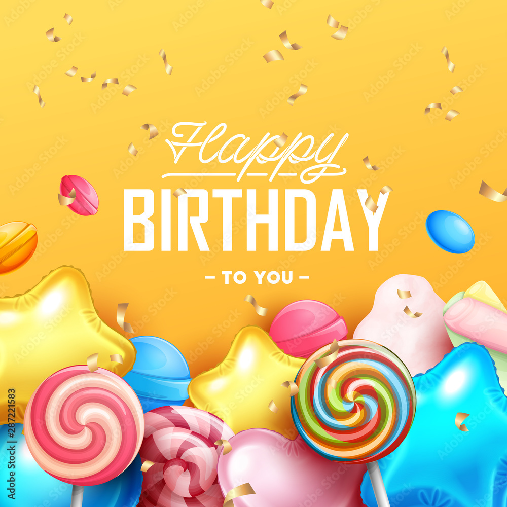 Happy Birthday background with colorful balloons and sweets. Vector ...