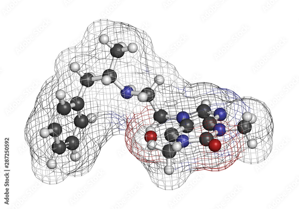 Fenetylline (fenethylline) stimulant drug molecule. 3D rendering. Atoms ...