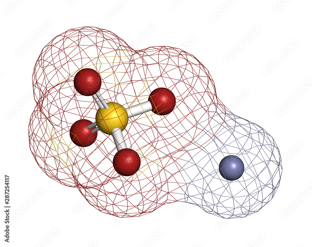Zinc sulfate, chemical structure. 3D rendering. Atoms are represented ...