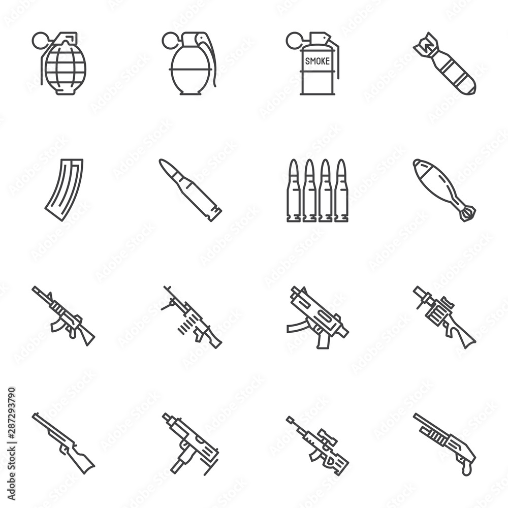 Gun weapon line icons set. linear style symbols collection outline ...