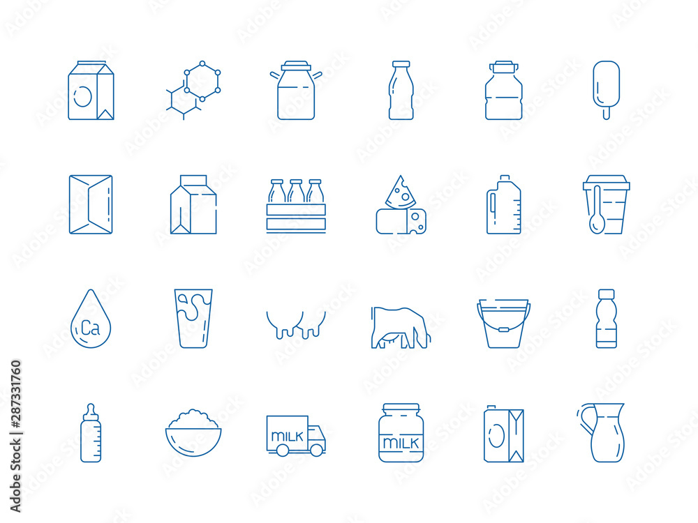 Milk icons. Bottle jars plastic containers with farm products cheeses ...