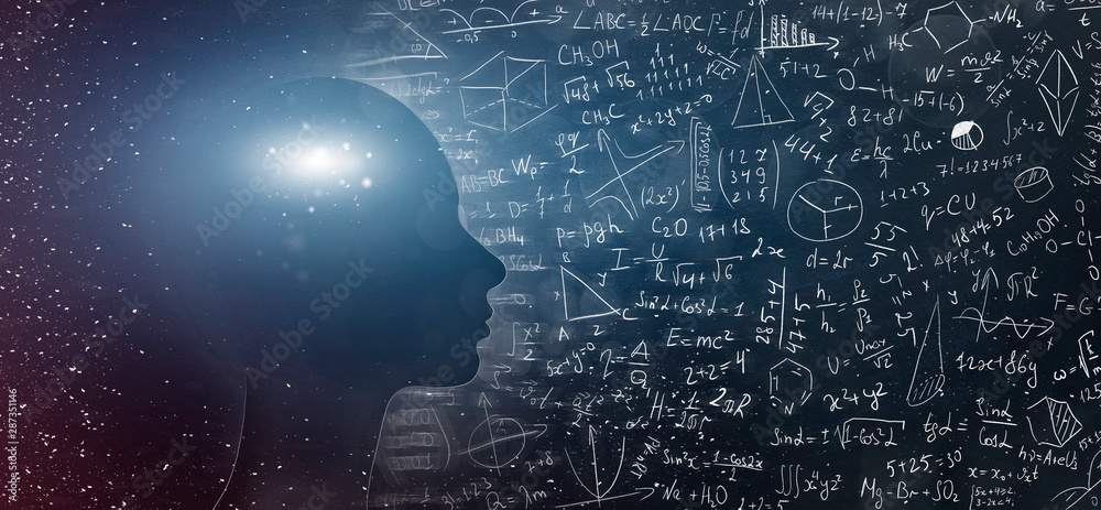 Silhouette of human with universe and physical, mathematical formulas ...