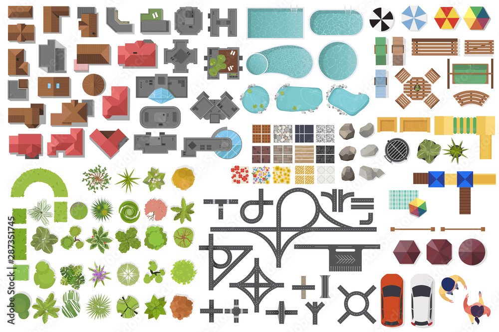 Set Landscape elements, top view. House, garden, tree, lake, swimming ...