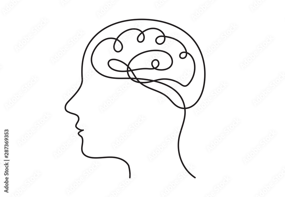 Continuous line art or One Line Drawing of a human brain, mechanical ...
