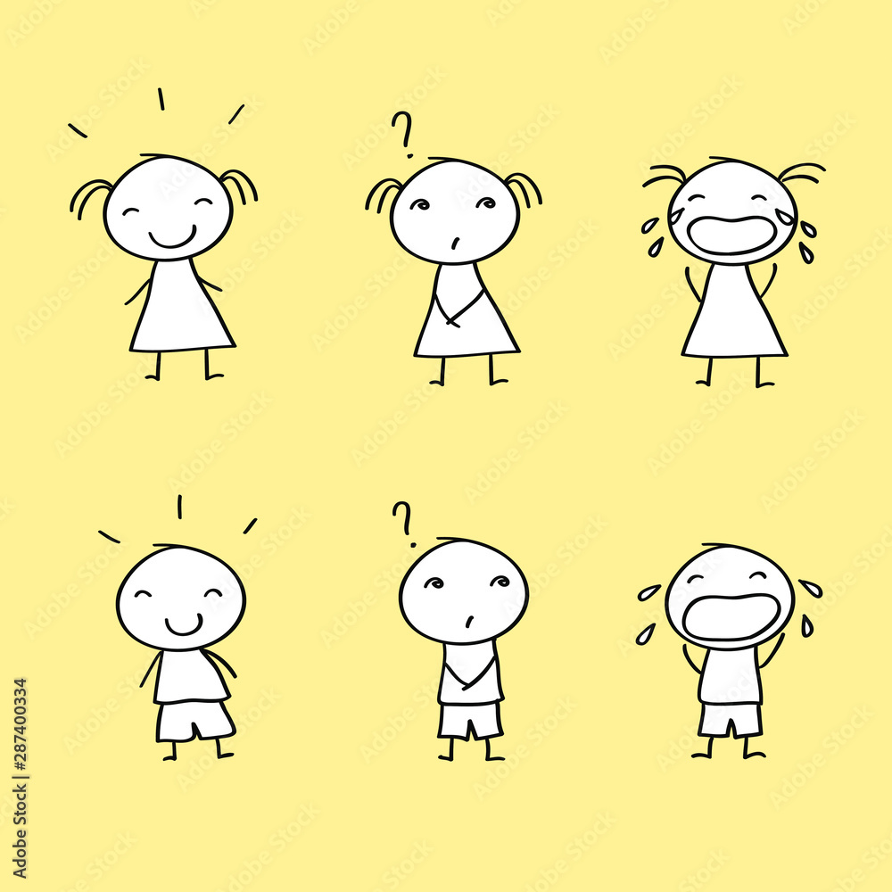 Set of small children hand drawn cartoon. Stick figures of children in ...