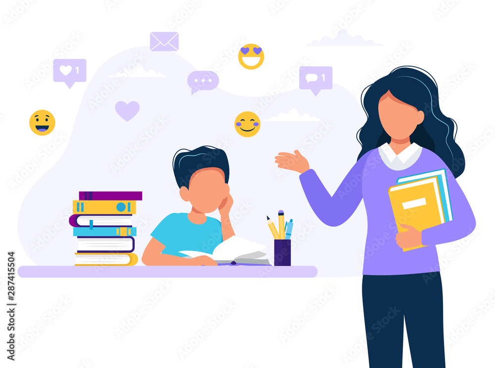 Female teacher and boy studying. Concept illustration for school ...