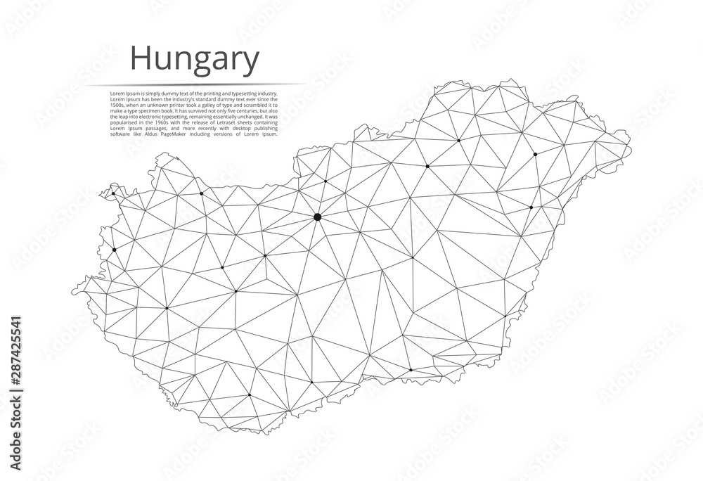 Hungary communication network map. Vector low poly image of a global ...