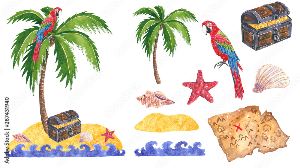 Set of pirate clipart. Pirate ship, treasure chest with gold coins ...