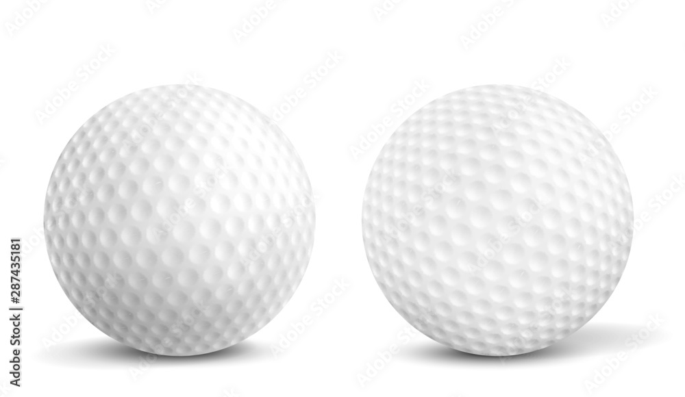 New, clean golf balls with aerodynamics dimples closeup, front view, 3d ...
