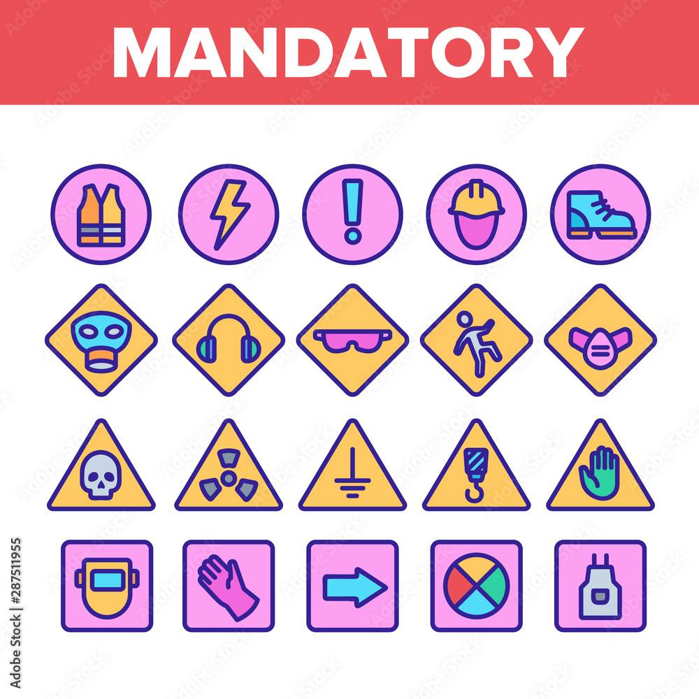 Color Mandatory Signs Marks Vector Icons Set Thin Line. Safety And ...