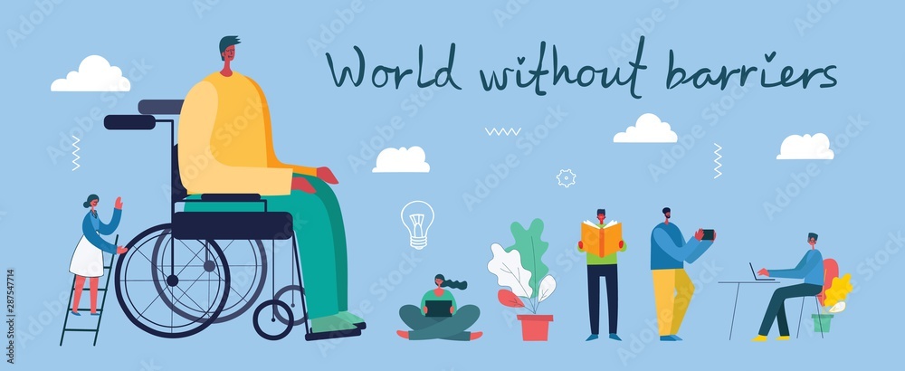 Vector background with disabled people, young invalid persons and men ...