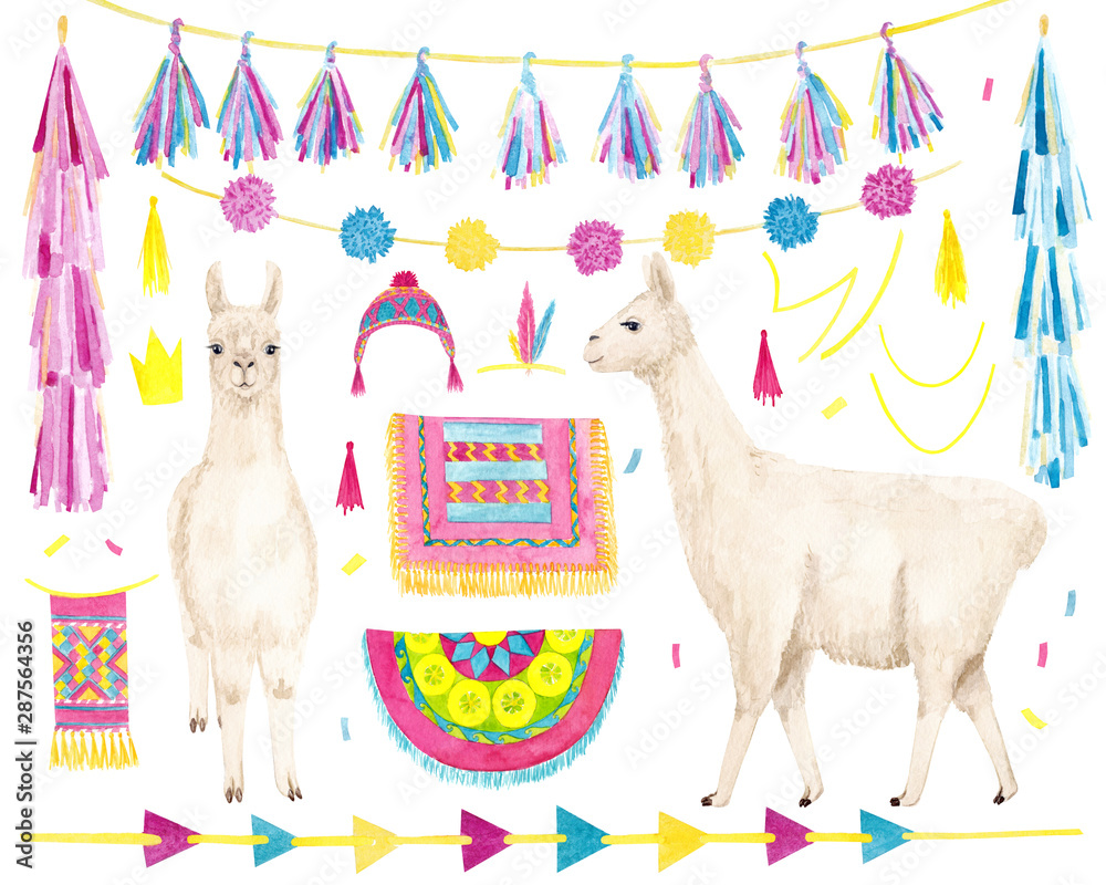 Watercolor hand drawn set with llama (alpaca) animal and party elements ...